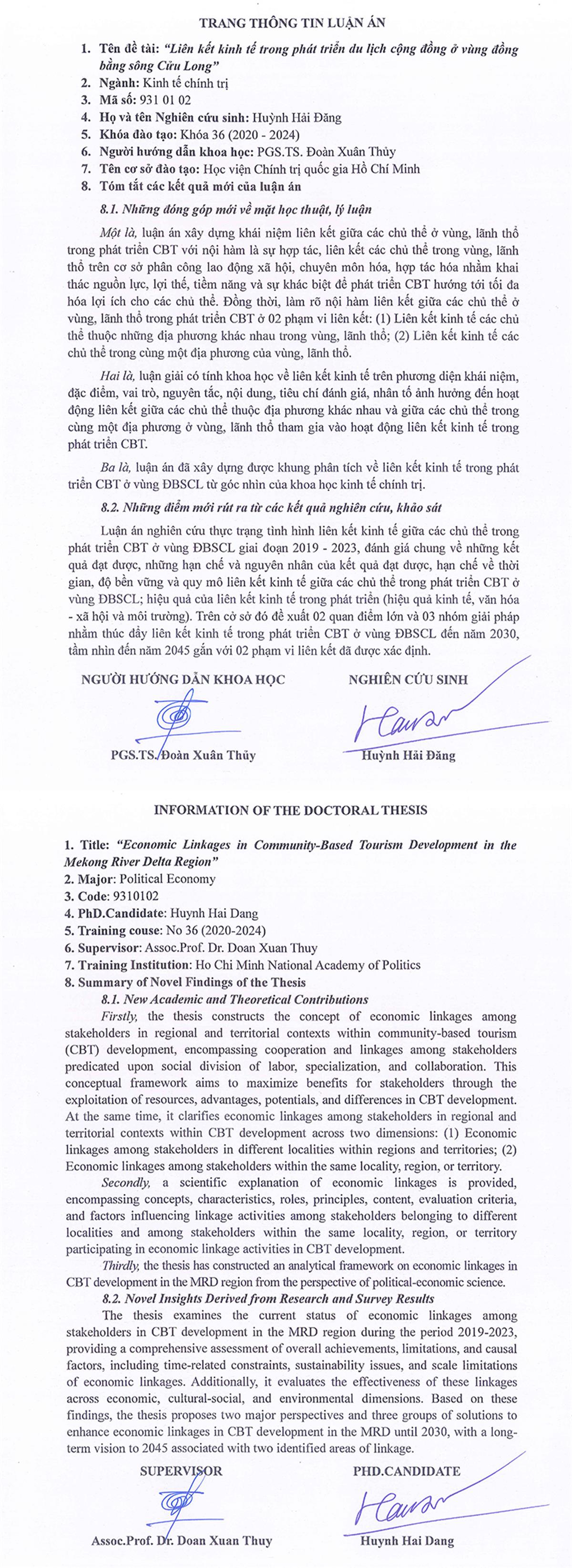 Nghiên cứu sinh Huỳnh Hải Đăng tóm tắt những kết luận mới của luận án