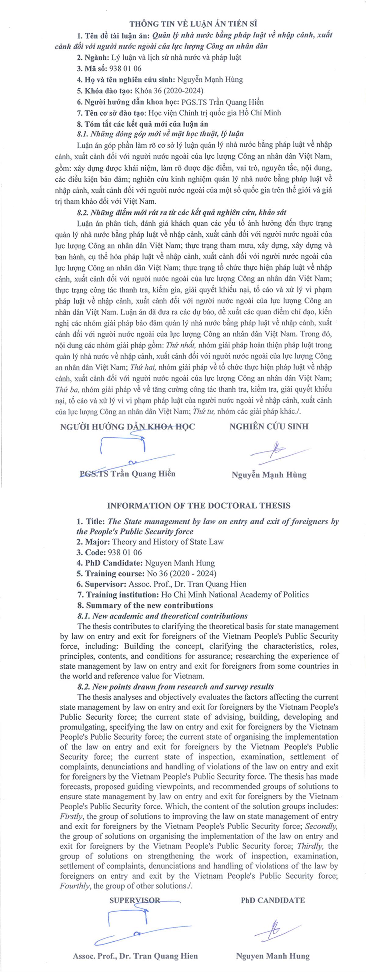 Nghiên cứu sinh Nguyễn Mạnh Hùng tóm tắt những kết luận mới của luận án