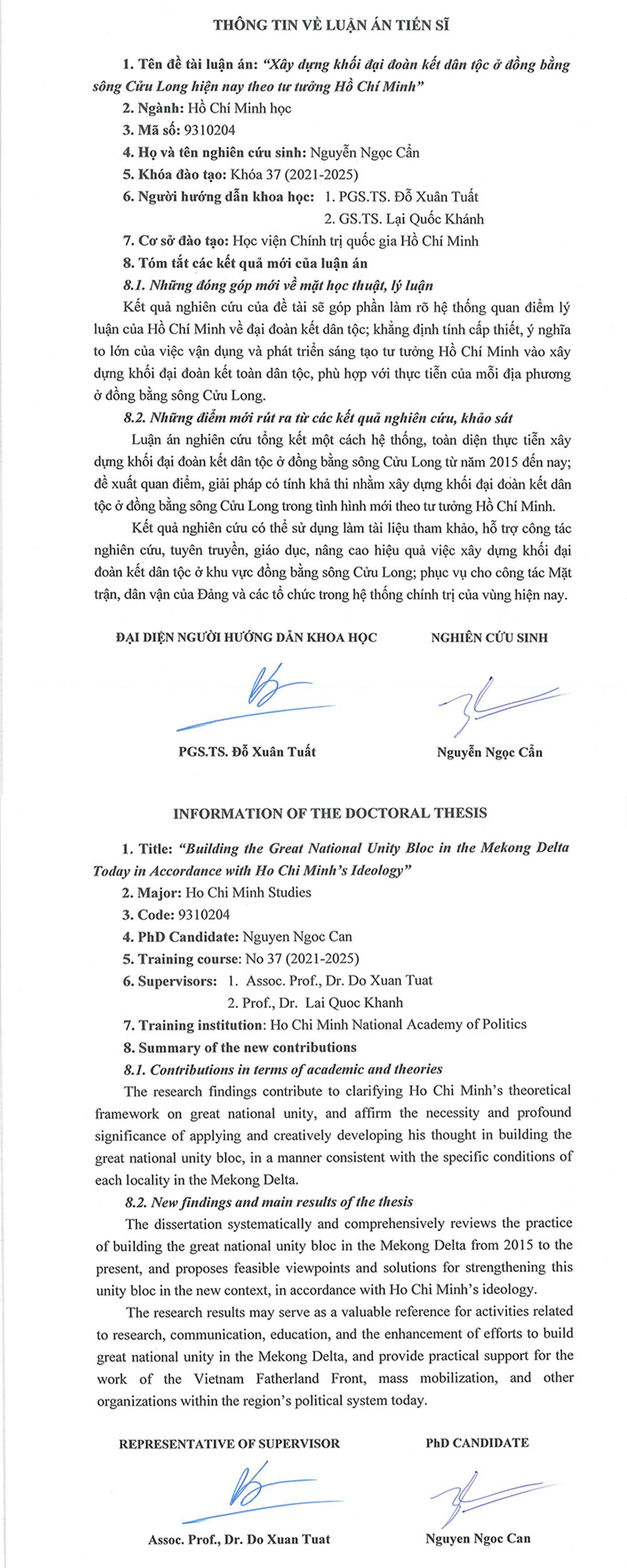Nghiên cứu sinh Nguyển Ngọc Cẩn tóm tắt những kết luận mới của luận án